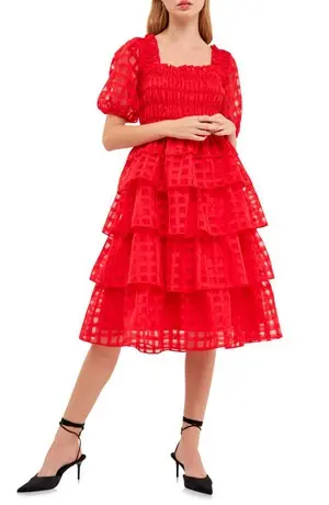 English Factory Grid Pattern Ruffle Dress