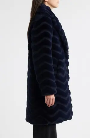 Bernardo Faux Fur Chevron Coat - Navy
