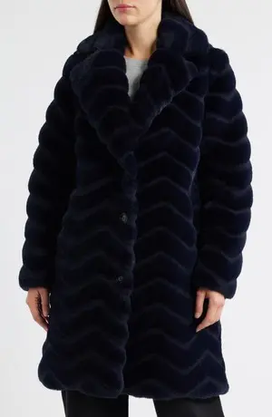 Bernardo Faux Fur Chevron Coat - Navy