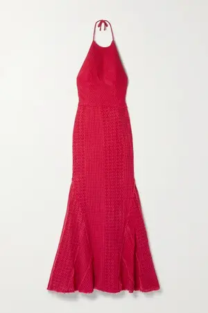 Rue Mariscal Frayed Embroidered Crocheted Halterneck Maxi Dress - Burgundy