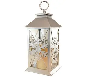 LUMABASE Silver Snowflake Lantern With Led Cand Le And Timer - One-color