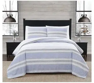 London Fog Blue Stripe King 3 Piece Flannel Com Forter Set - One-color