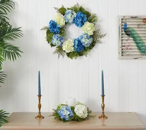 NEARLY NATURAL 24' Blue And White Hydrangea Wreath Nearly N Atural