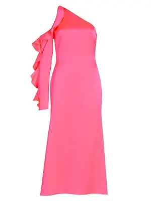 David Koma Women's Ruffle One-Shoulder Midi-Dress - Neon Pink  - Neon Pink
