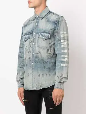Amiri Distressed Logo Print Denim Shirt
