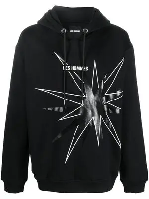 LES HOMMES Logo Star-print Drawstring Hoodie - Black