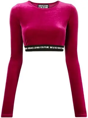 Versace Logo-waistband Cropped Velvet Top - Red