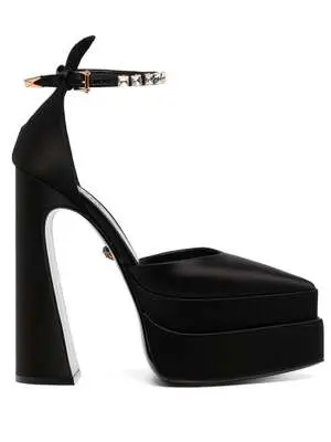 VERSACE Versace Black Satin Platform Sandals With Crystal Embellishments
