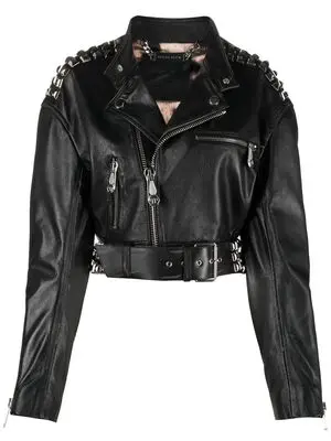 Philipp Plein Rockstud Cropped Leather Jacket - Black