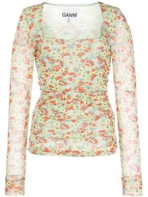 GANNI Floral-print Mesh Top - Blue
