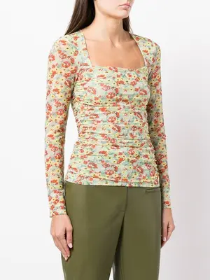 GANNI Floral-print Mesh Top - Blue