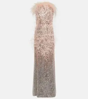 Elie Saab Feather-trimmed Sequined Gown