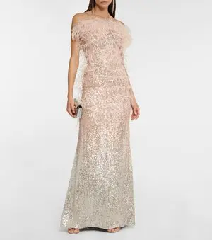 Elie Saab Feather-trimmed Sequined Gown