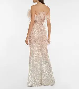 Elie Saab Feather-trimmed Sequined Gown