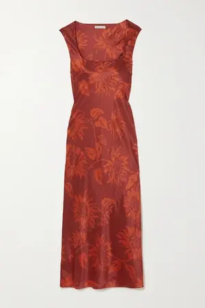 reformation hendrix silk dress Reformation Hendrix Floral-Print Silk-Satin Midi Dress In Red - 50% Off