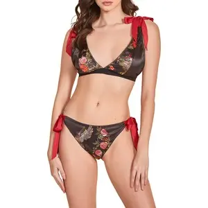 HAUTY Floral Satin Bra & Panties Set - Red-black
