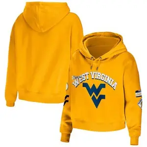 WEAR BY ERIN ANDREWS West Virginia Mountaineers Mixed Media Cropped Pullover Hoodie - Gold