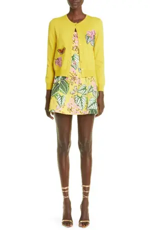 Oscar De La Renta Botanical Print Stretch Cotton Mini Dress