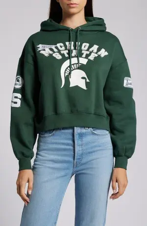 WEAR BY ERIN ANDREWS Michigan State Spartans Mixed Media Cropped Pullover Hoodie - Green