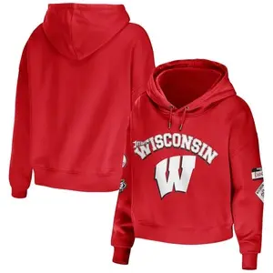 WEAR BY ERIN ANDREWS Wisconsin Badgers Mixed Media Cropped Pullover Hoodie - Red