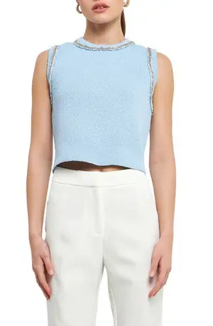 Endless Rose Chain Trim Sleeveless Crop Sweater Blue