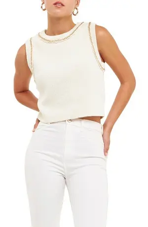 Endless Rose Chain Trim Sleeveless Crop Sweater - Cream