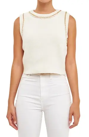 Endless Rose Chain Trim Sleeveless Crop Sweater - Cream
