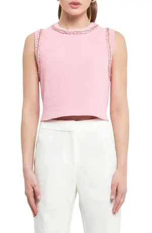 Endless Rose Chain Trim Sleeveless Crop Sweater Pink