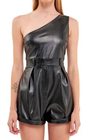 Endless Rose One-shoulder Faux Leather Romper - Jet Black