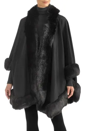 Sofia Cashmere Faux Fur Trim Cashmere Wrap Black
