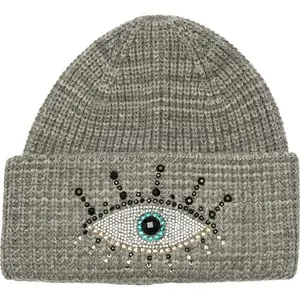 Kurt Geiger Beaded Evil Eye Beanie - Grey Marl