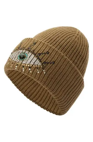 Kurt Geiger Beaded Evil Eye Beanie - Khaki