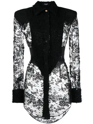 Balmain Tweed And Lace Plastron Shirt - Black