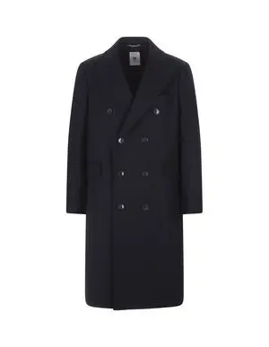 PT TORINO Long Double-breasted Coat In Navy Blue Wool