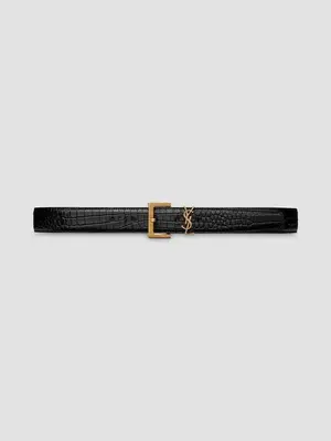 Saint Laurent Cassandre Belt With Square Buckle In Crocodile Embossed Leather - Nero