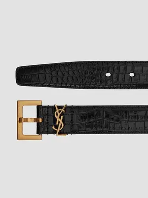 Saint Laurent Cassandre Belt With Square Buckle In Crocodile Embossed Leather