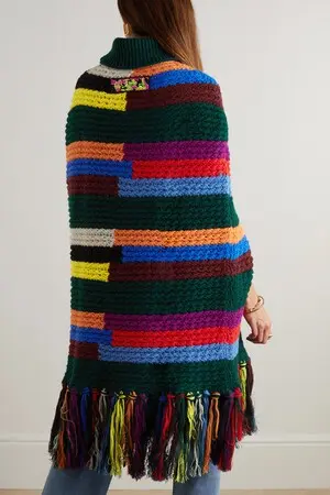 Emilio Pucci Striped Wool Turtleneck Poncho With Fringed Hem