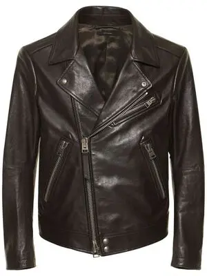 TOM FORD Smooth Grain Asymmetric Biker Jacket - Dark Brown