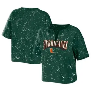 WEAR BY ERIN ANDREWS Miami Hurricanes Bleach Wash Splatter Cropped Notch Neck T-shirt - Green