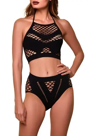 HAUTY Seamless Halter Tie Bralette & Panties Set - Black