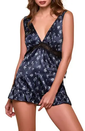 HAUTY Floral Satin Babydoll Chemise - Navy-blue