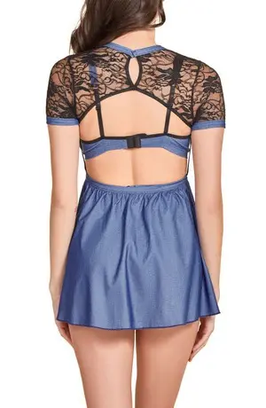 HAUTY Billie Jean Lace Micro Denim Cutout Babydoll Chemise & Skirt