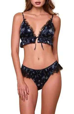 HAUTY Floral Print Satin Tie Front Bralette & Panties - Navy-blue
