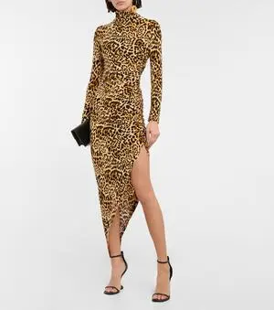 Norma Kamali Leopard-print Turtleneck Draped Gown