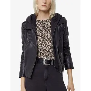 Ikks Hooded Padded Shoulder Leather Jacket
