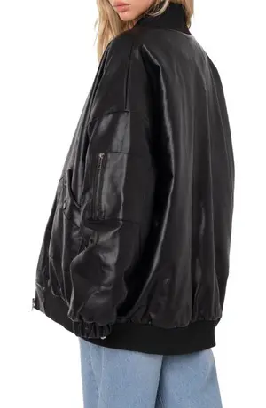 EDIKTED Oversized Faux Leather Bomber Jacket - Black
