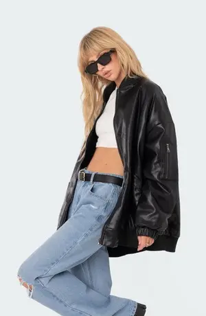 EDIKTED Oversized Faux Leather Bomber Jacket - Black