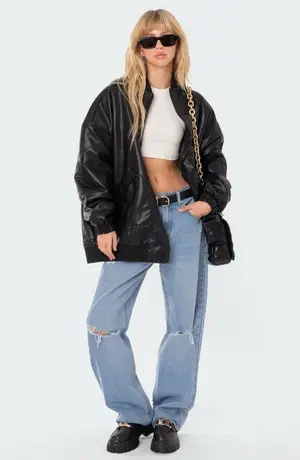 EDIKTED Oversized Faux Leather Bomber Jacket - Black