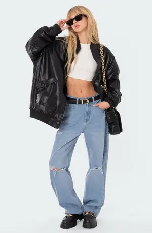 EDIKTED Oversized Faux Leather Bomber Jacket