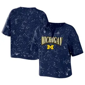 WEAR BY ERIN ANDREWS Michigan Wolverines Bleach Wash Splatter Cropped Notch Neck T-shirt - Navy